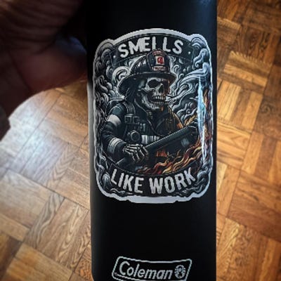 Skeleton Firefighter Smells Like Work Sticker, Firefighter, Bunker Gear ...