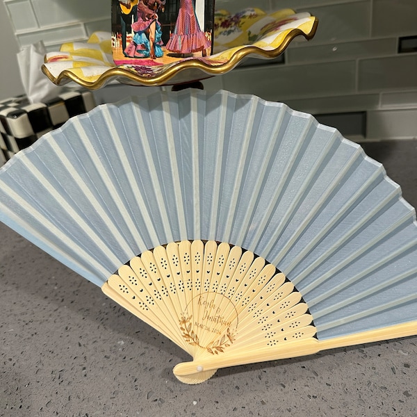 Light Blue Laser Engraved Silk Hand Fans,personalized Bamboo Silk Fans ...