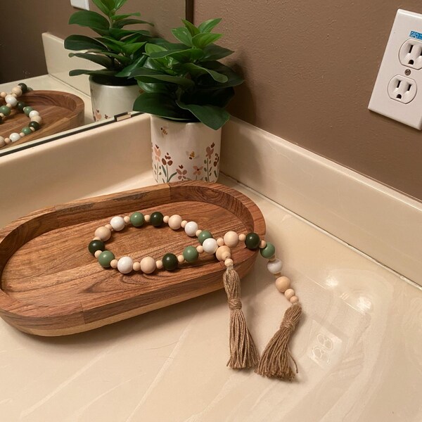 Boho Wood Bead Garland in Shades of Green, Farmhouse Beads, Neutral ...