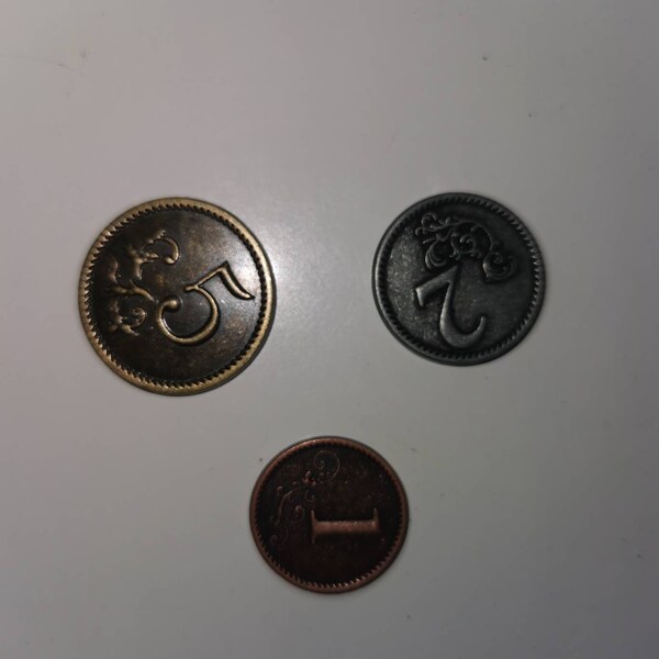 Set of Bronze, Silver and Gold Metal Coins of Value 1, 2, 5 for Board ...