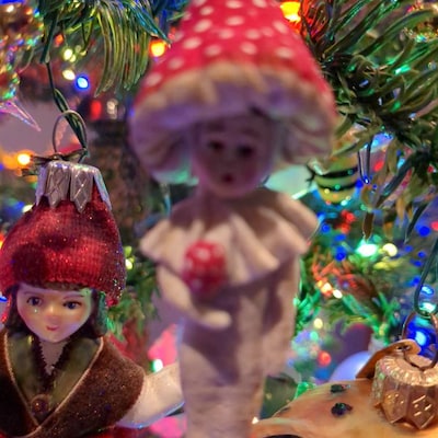 Set of Two Mini Spun Cotton Mushroom Sculpture Christmas Decoration Fly ...