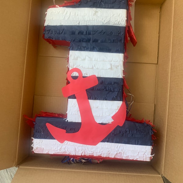 Nautical Number One Pinata With Red Anchor, Navy Blue and White Stripes ...