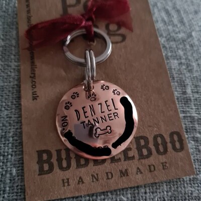 Pet Dog Name Tag. Personalised Domed Copper Disc With Pawprints and ...