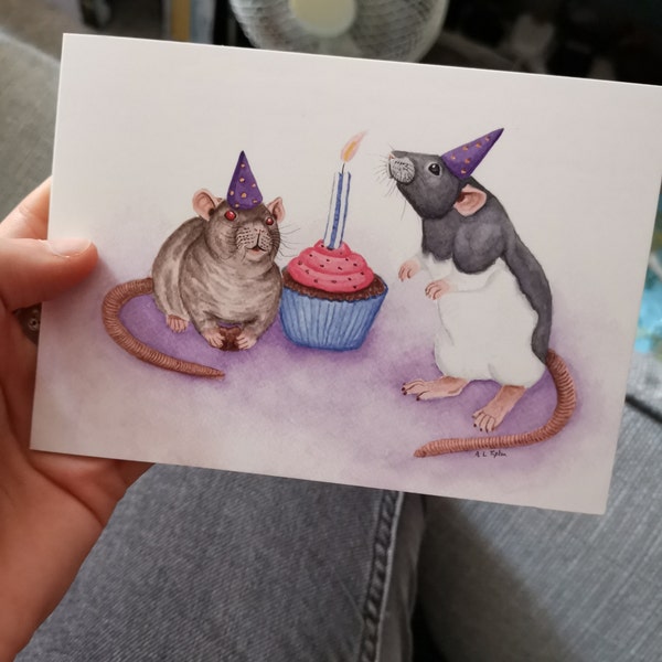 Rat Birthday Card - Two Rats Enjoying a Birthday Cake and Party - Rat ...