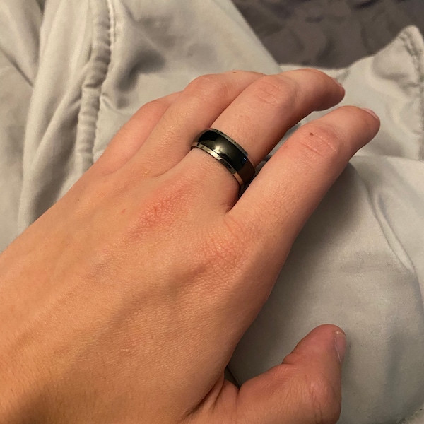Black Titanium Wedding Ring W/ Polished Silver Edges, Men's and Women's ...