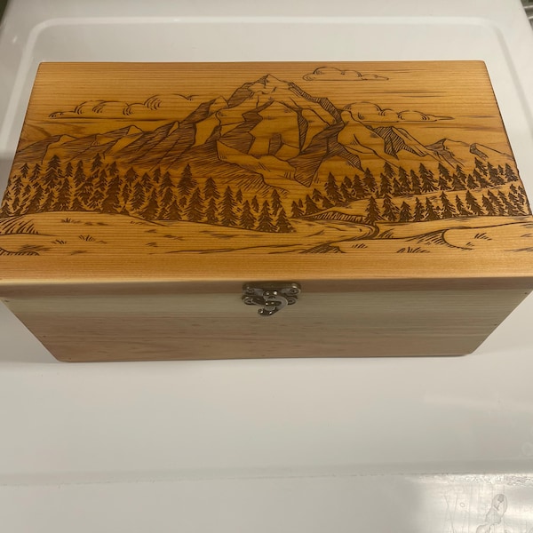 Personalized Rustic Cedar Keepsake Box | Laser Engraved Mountain Scene ...