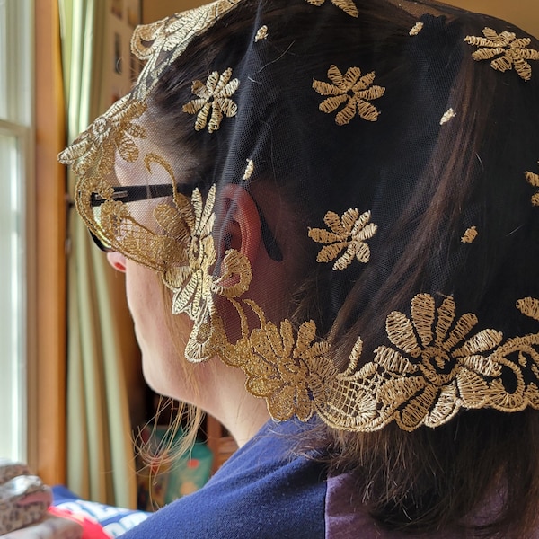 Gold Short Veil , Catholic Head Covering Veil for Church, Catholic Lace ...