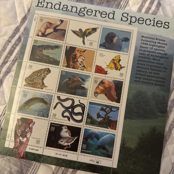 15 Endangered Species Postage Stamps - Full Sheet of (15) Vintage ...