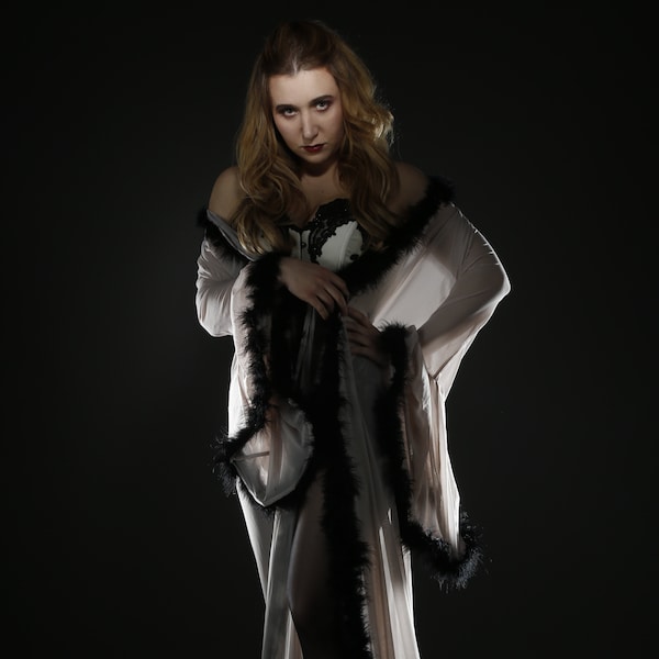 Pink and Black Boudoir Dressing Gown, Marabou Feather Robe Lingerie ...