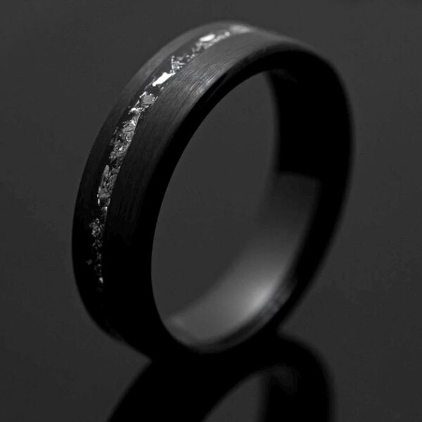 8mm Black Meteorite Brushed Wedding Ring, Black Obsidian Sandblasted ...