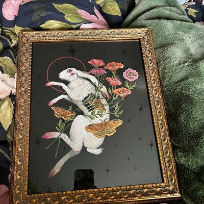 White Rabbit With Poppy Flowers Giclee Print From Original Hand ...