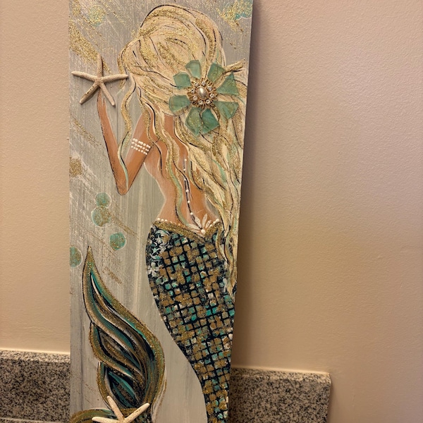 Horizontal Mermaid Original Painting on Wood in Navy’s and Aqua - Etsy