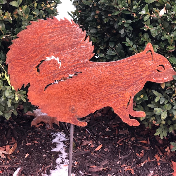 Large Metal Squirrel Garden Stake, Rusty Squirrel Decor, Garden Animals ...