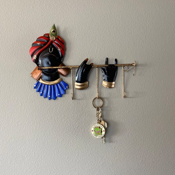 Handmade Krishna Key Holder, Indian Ethnic Hand Painted Metal Wall ...