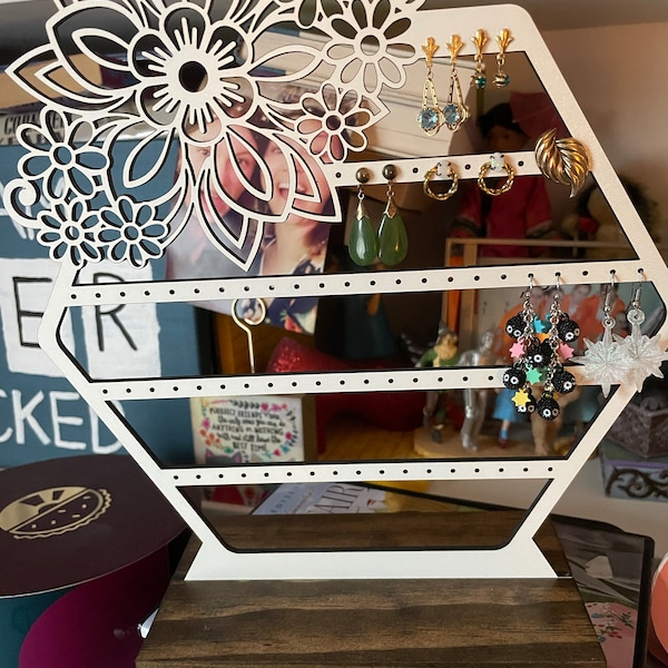 Wood Earring Holder Stand | Floral Hexagon Laser Earring Display ...