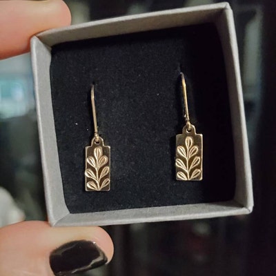 Dainty Stamped Leaf Gold Lever-back Earrings Tiny Gold Filled Earrings Dangle Women's Minimalist ...