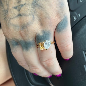 Double Tear Drop Ring / Two Pear Cut Diamond Engagement Ring / Two ...