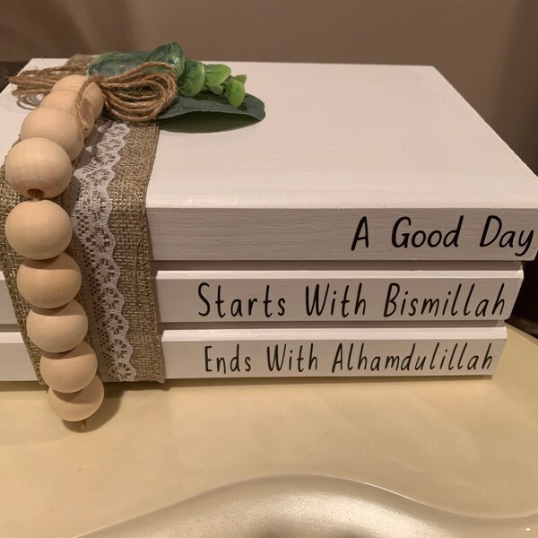 Large Islamic Wooden Book Stack Decor Start With Bismillah - Islamic ...