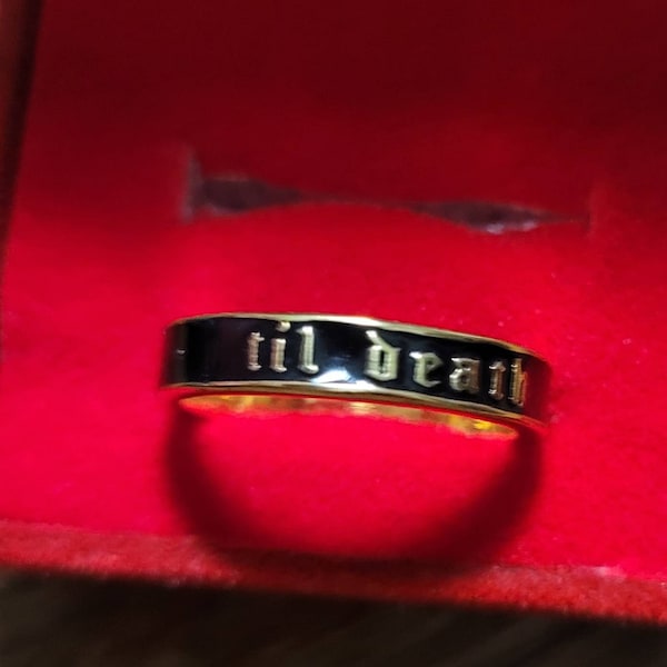 6mm & 4mm Wide Til Death Black Enamel Band Ring, Pair Set of Til Death ...