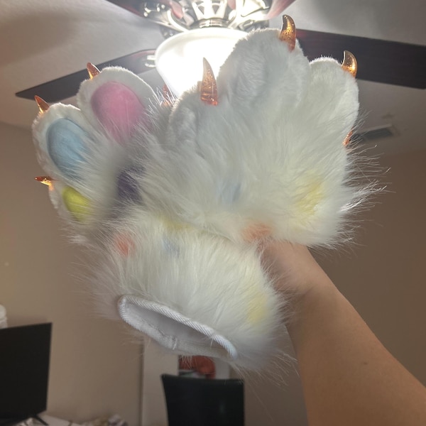 White Fursuit Paws With Colorful Spots,kemono Toony Fursuit Gloves ...