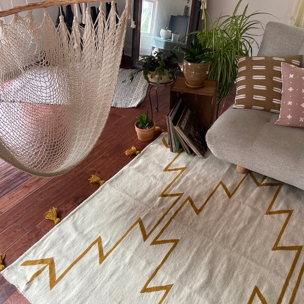 Mustard Area Rug, Yellow Mustard Boho Rug, Kilim Rug, Area Rug, Tassel ...