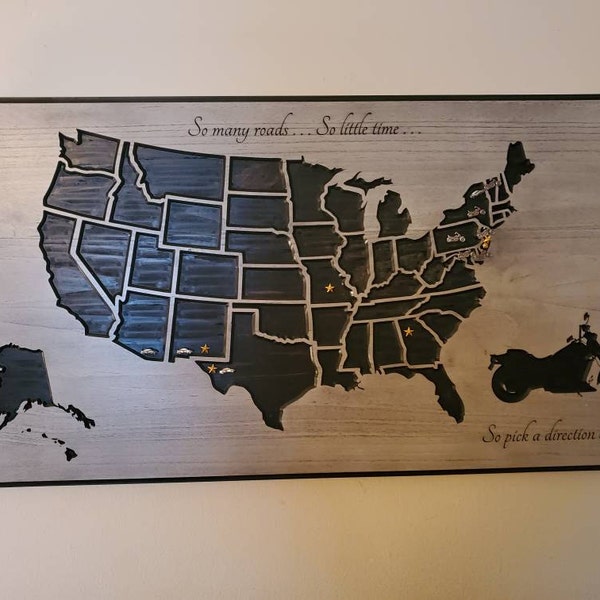 Motorcycle Road Trip Map, Push Pin Map, US Map to Track Travels, Bikers ...