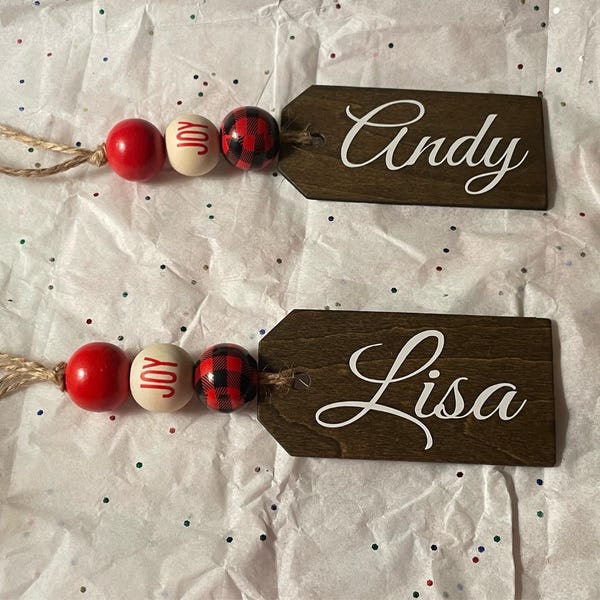 Beaded Wooden Christmas Stocking Name Tag, Personalized Stocking Tag ...