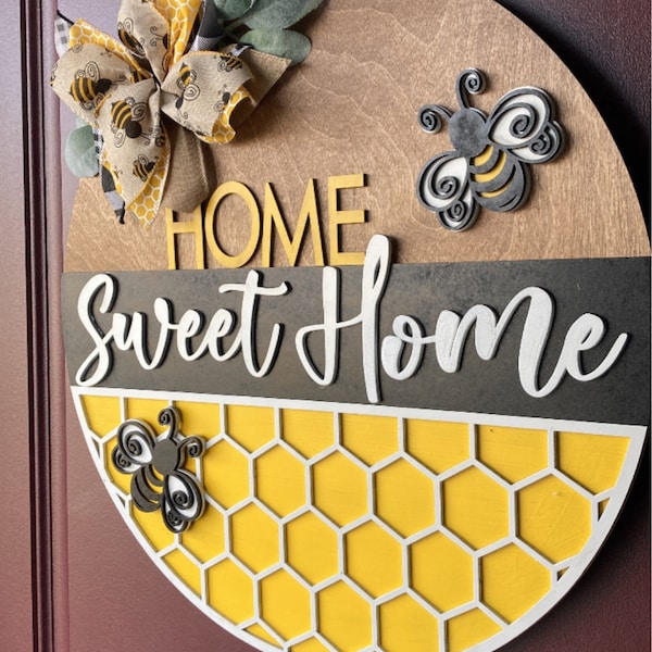 Front Door Decor, Home Sweet Home With Bees, Door Hanger, Bee Lover ...