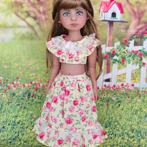 15 Inch Doll like Ruby Red FF Salmon Green Leaf Print Denim Overall ...