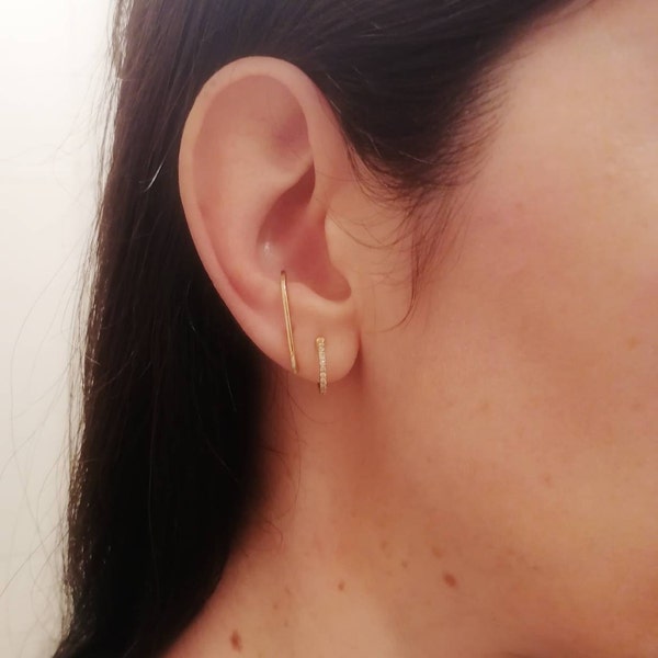 14K 9K Minimalist Earlobe Cuff, Gold Suspender Earrings, Modern Simple ...