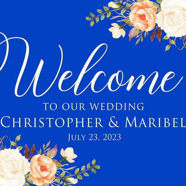 Royal Blue Wedding Welcome Sign, Blue Coral White Wedding Sign, Floral ...