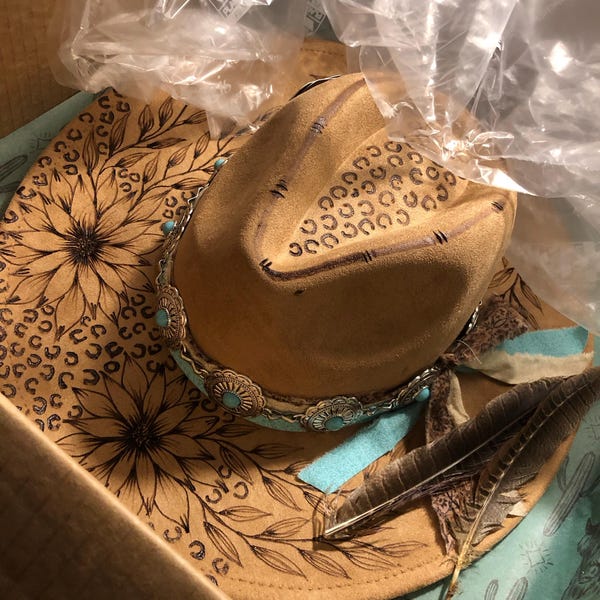 Wedding Teal Cowboy Hat With Veil Hand Burned Sunflowers With Wooden ...