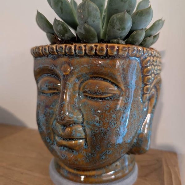 Serene Buddha Planter Pot in Royal Blue Glaze for Herbs, Flowers or ...