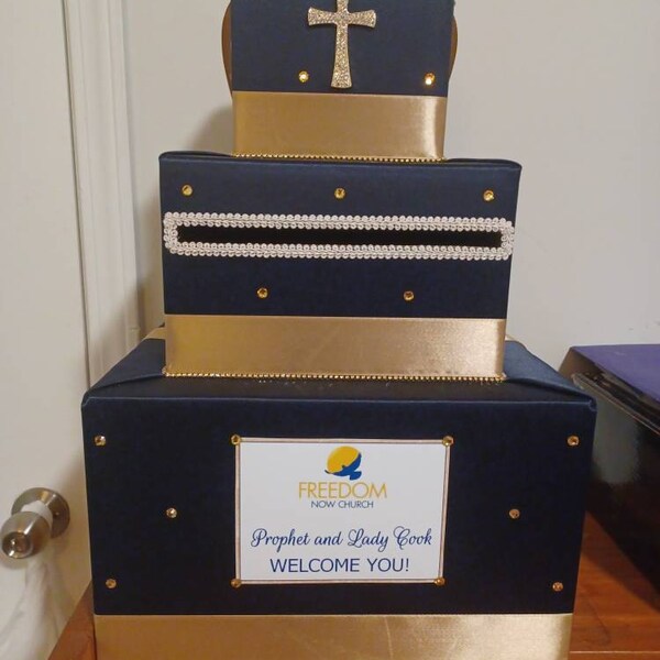 Navy Blue and Gold Card Box for Baptism, Christening, Holy First ...