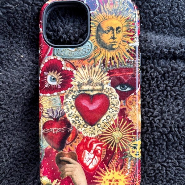 Sacred Heart Collage Phone Case, Red Gold Phone Cover, Charm Print ...