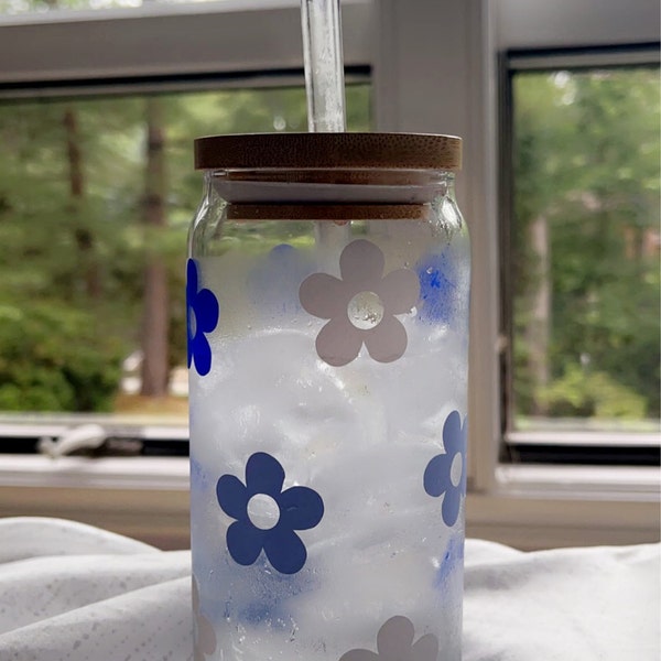 Daisy Flower Glass Cup Iced Coffee Cup Aesthetic Glass Cup Beer Can Cup Happy Faces Etsy