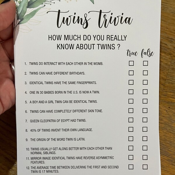 Baby Shower Twins Trivia Game Greenery Twins Trivia Game Twins Baby ...