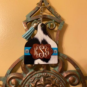 Personalized Cow Ear Tag Keychain, Monogram, Cattle Livestock, Cow Hide ...