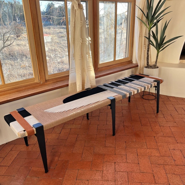 Mid-century Modern Style Bench Mudroom / Entryway Bench Hand Woven End ...