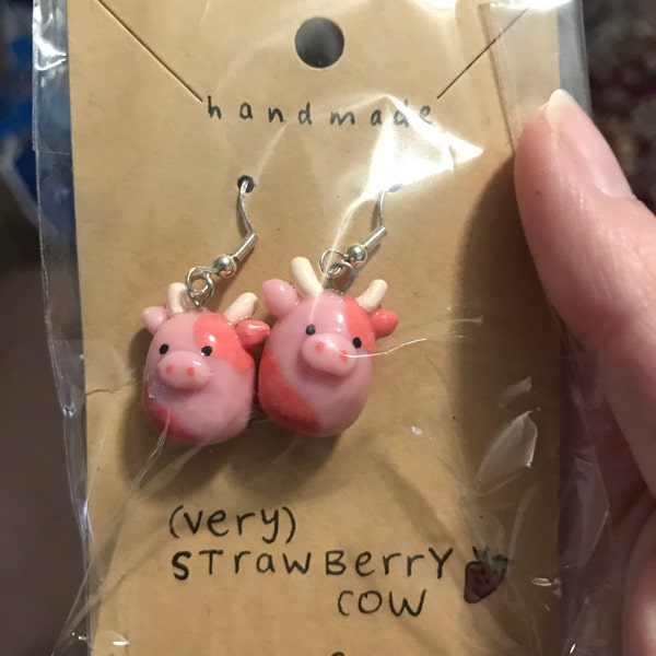 Strawberry Cow Clay Earrings - Handmade, Handpainted, Cute - Etsy