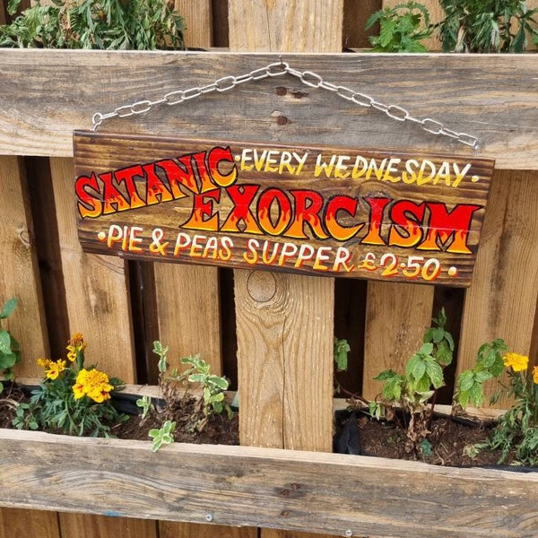 Hand Painted Vintage Style Horror Sign, Satanic Exorcism Comedy ...