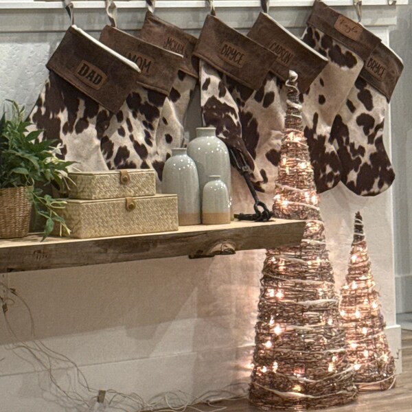 Cow Print Christmas Stockings, Cowhide Print, Burnt Orange, Tri Color ...