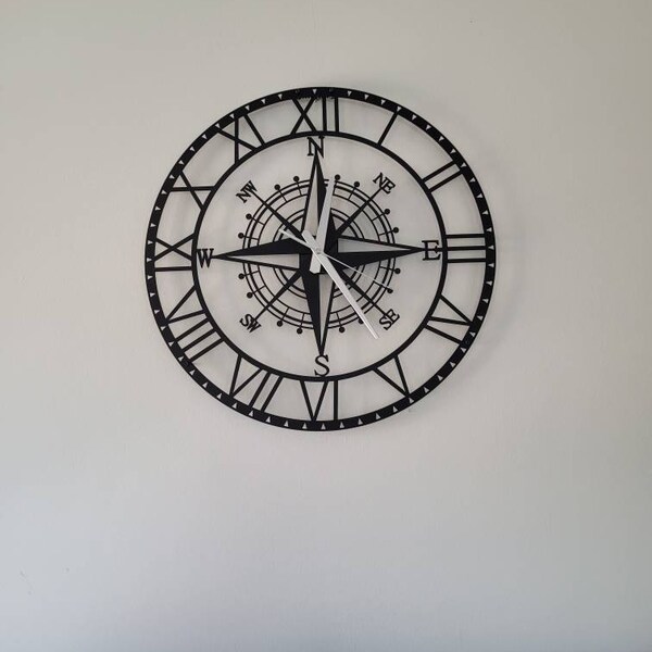 Unique Latin Numeral Compass Metal Wall Clock, Extra Large Modern ...