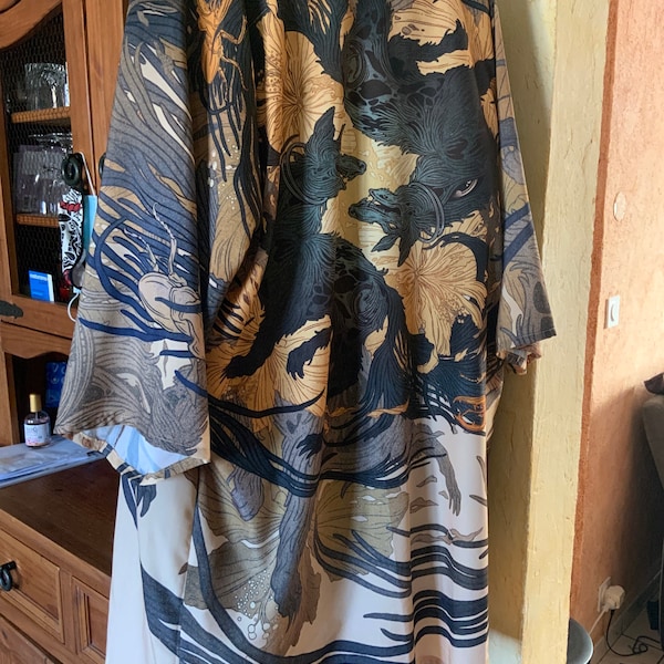 Short Unisex Kimono Neko Mono Sphynx Cat Print Robe Caftan One Size ...