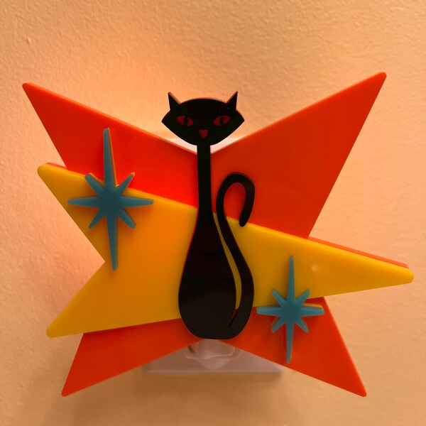 Mid Century Modern Night Light: Black Cat Acrylic Atomic Wall Decor - Etsy