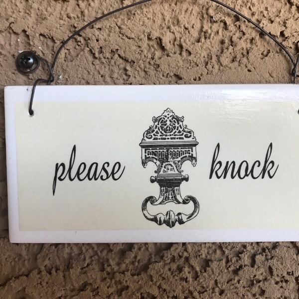 Please Knock Sign With Image of Vintage French Metal Door Knocker ...