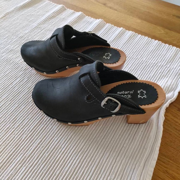 Men's Black Wooden Clogs | Handmade Natural Leather Footwear ...