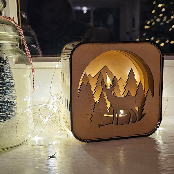 Wooden Night Lamp Deer Forest Scene Multilayer Shadowbox Laser Cut ...