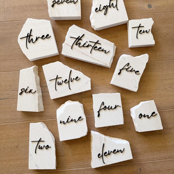 Wedding Table Numbers White Marble Stone With Black Cursive Rustic ...