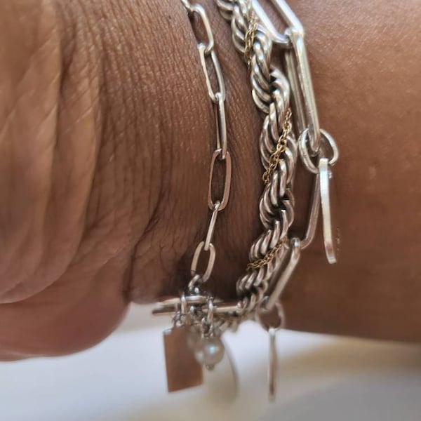 Personalized Sterling Silver Mini Tag and Pearl Bracelet - Bold Link ...